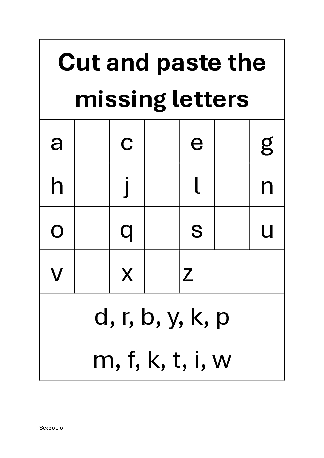 Cut and paste the missing letter lowercase Worksheet. Free printable ...