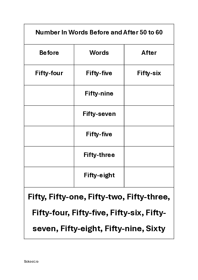 Before and After Practice Worksheet Fifty-one to Sixty