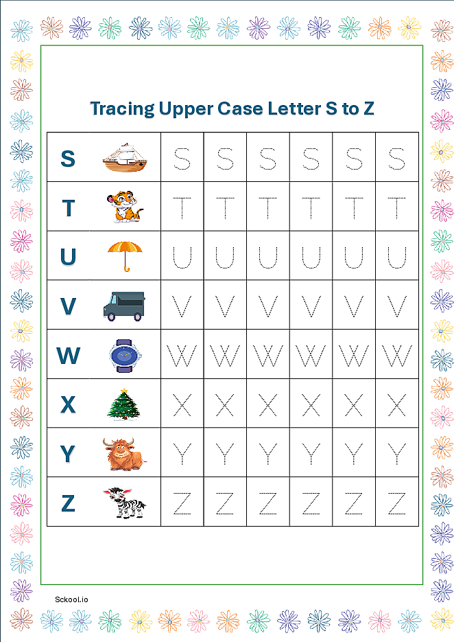 Tracing Upper Case Letter S to Z Worksheet