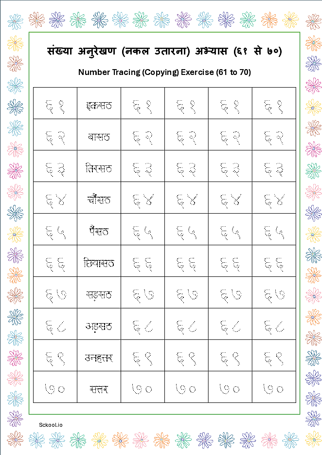 Hindi Number Tracing (संख्या अनुरेखण) Worksheet 61 to 70
